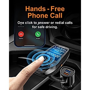 Bluetooth FM Transmitter in-Car Wireless Radio Adapter Kit W 1.8" Color Display Hands-Free Call AUX in/Out SD/TF Card USB Charger QC3.0 for All Smartphones Audio Players - RM100 Black