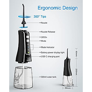 Nicefeel Cordless and Rechargeable Water Flosser - 300ML Water Tank Oral Irrigator, 4 Jet Tips, 3 Pressure Modes - IPX7 Waterproof and Travel Friendly for Dental Care