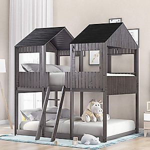 MERITLINE House Bunk Beds Full Over Full Size Wood Low Bunk Beds with Roof and Guard Rail for Kids, Teens, Girls, Boys, No Box Spring Needed (Antique Gray)