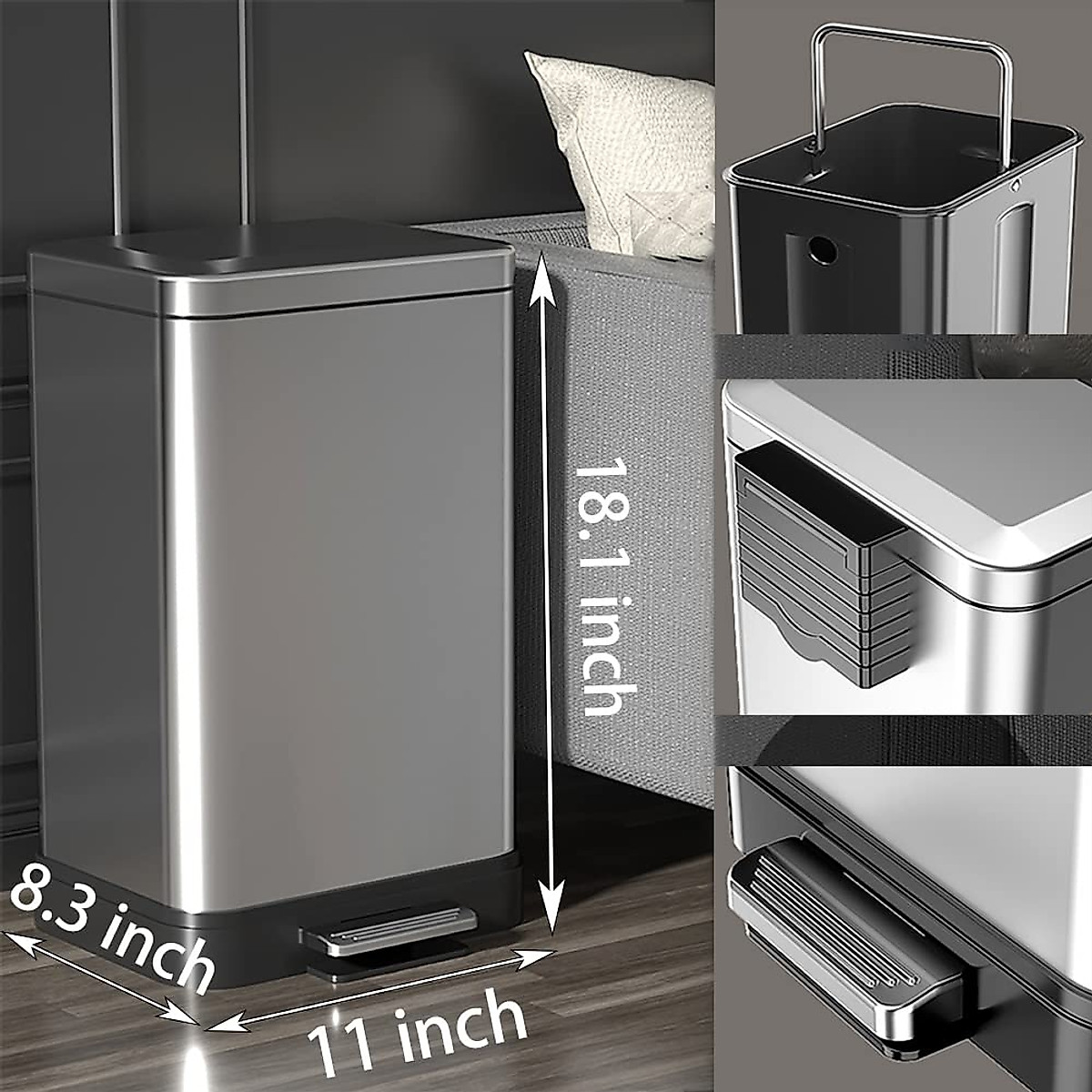 Aupekro Trash Can with Lid Soft Close, 18 Liter/4.7 Gallon Stainless Steel Garbage Can with Removable Wastebasket, Rectangletep Pedal Step Trash Can for Bedroom, Kitchen, Bathroom, Office (White)