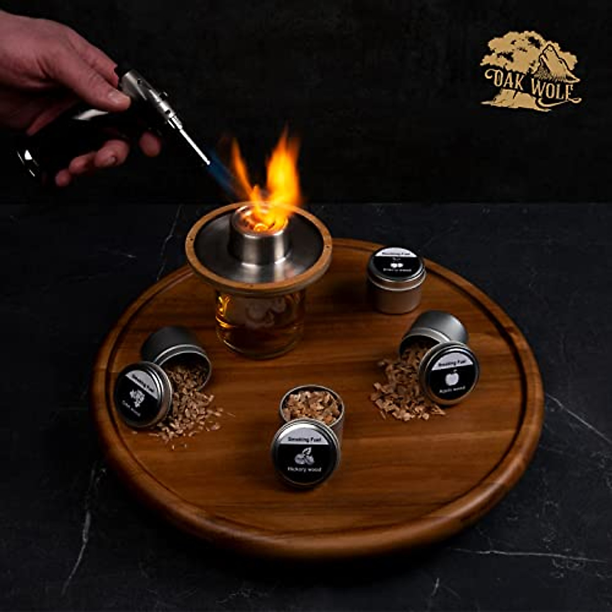 Oak Wolf Whiskey Smoker Kit With 4 Flavors of Wood Chips for Old Fashioned Cocktail Smoker - Stainless Steel Bourbon Smoker Kit Also Includes a Strainer & Brush - Bourbon & Whiskey Enthusiasts