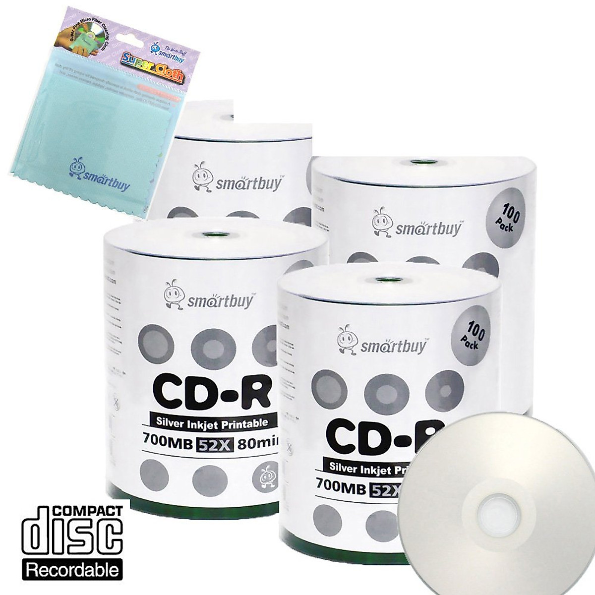 Smartbuy 400-disc 700mb/80min 52x CD-R Silver Inkjet Hub Printable Blank Media Disc + Free Micro Fiber Cloth