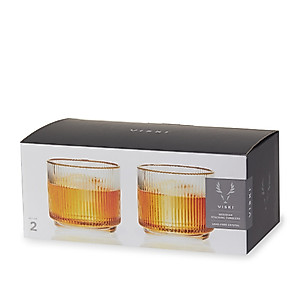 Viski Meridian Crystal Lowball Tumblers, Art Deco Whiskey Glasses, Crystal Scotch Glasses, Crystal Old Fashioned Glasses, Ribbed Glassware 12oz Set of 2