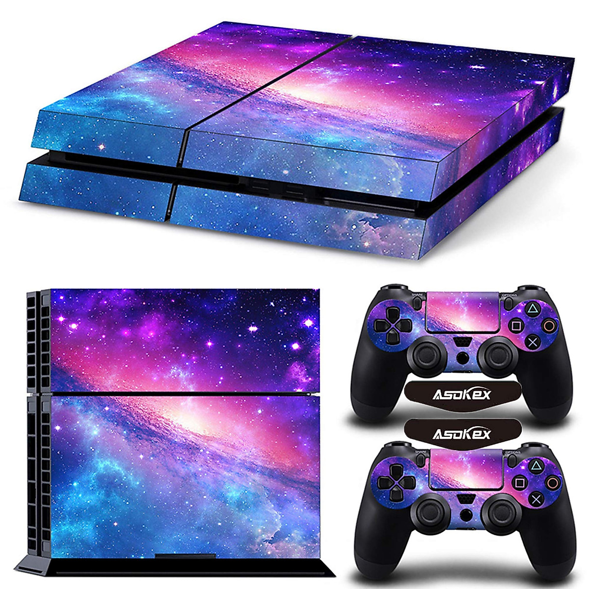 Ps4 Stickers Full Body Vinyl Skin Decal Cover for PlayStation 4 Console Controllers (with 4pcs Led Lightbar Stickers)(PS4 Console (Pink Starry Sky))