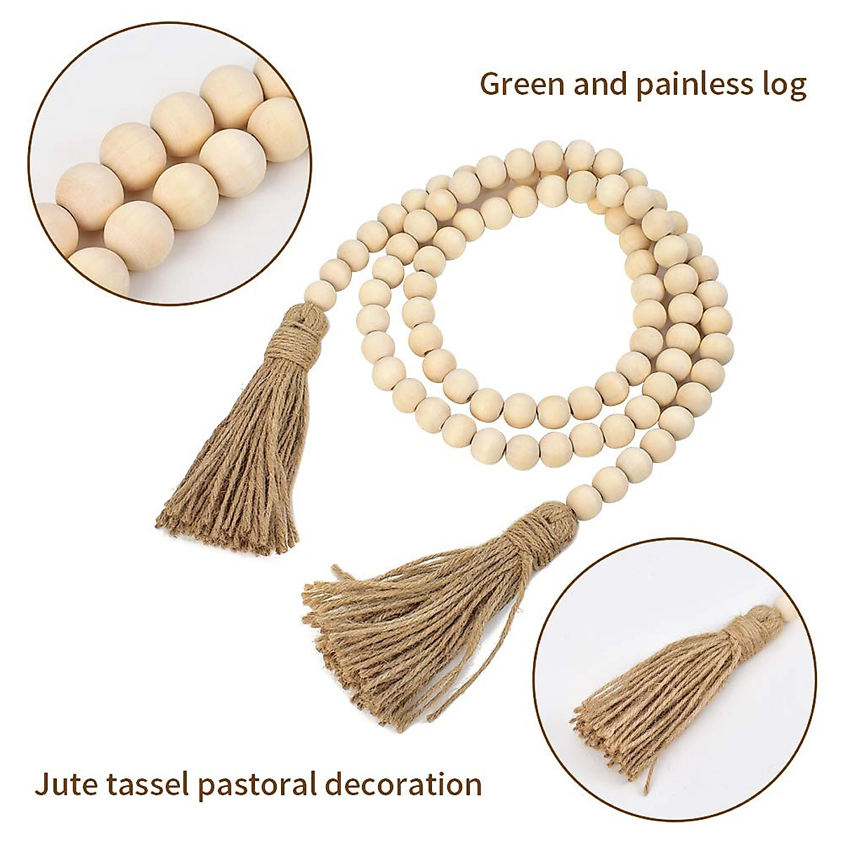 Hagao Farmhouse Beads, Natural Wood Bead Garland Rustic Country Beads with Tassles Wall Hanging Décor 57"