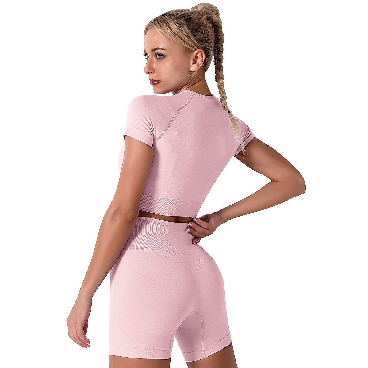 Women's Seamless Yoga Outfits 3 Pieces Workout Short Sleeve Crop Top + Camisole Tank Sports Bra + High Waisted Running Shorts Sets Biker Activewear Athletic Fitness Tracksuit Gym Clothes Pink Small