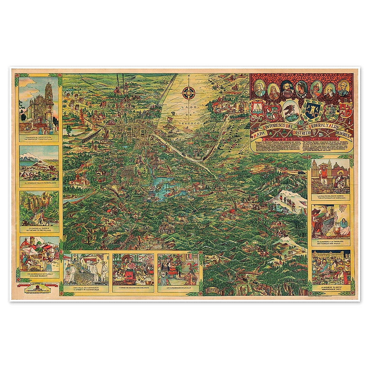 Antiguos Maps Valley of Mexico, Mexico City Pictoral Map c. 1930 - Mapa Pintoresco del Distrito Federal Yalre Dedores - measures 24 inches x 36 inches (610 mm x 915 mm)