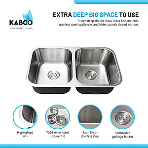 KABCO 32 Inch Stainless Steel Double Equal Bowl Classic Kitchen Sink, Extra Thick 16 Gauge Undermount Rust, Sound and Heatproof Sink with Sink Strainer and Removable Garbage Basket
