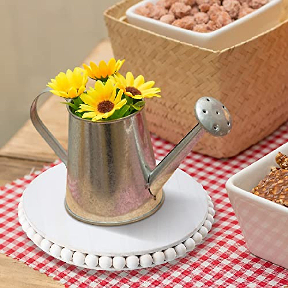 Yookeer 2 Pcs Wooden Risers for Displays Round Wood Riser Distressed Wood Risers Farmhouse Pedestal Display Stand Rustic Pedestal Stand Beaded Decor for Tiered Trays Home(6/ 9.5 Inch,White)