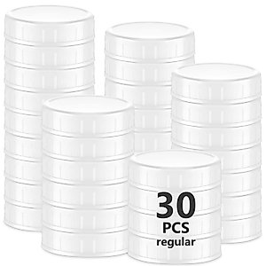 30 Pcs Mason Jar Plastic Lids Regular Mouth Plastic Storage Caps with Rubber Seal Replacement Plastic Lids for Mason Jars Canning Jars and More (70 mm, White)