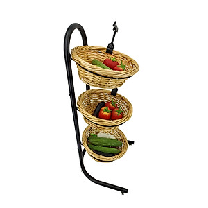 FixtureDisplays 3 Tier Wicker Basket Metal Stand with Sign Clips, Market Basket Storage Organizer 19425