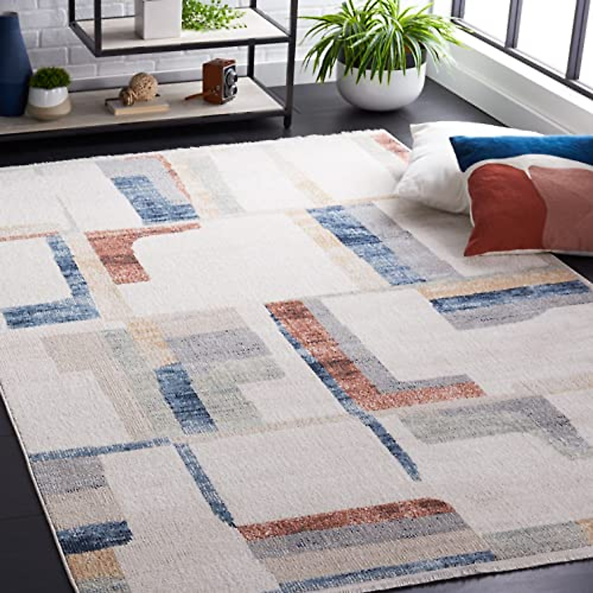 Safavieh Bayside Collection Machine Washable 4' x 6' Ivory/Blue Rust BAY126A Modern Contemporary Entryway Living Room Foyer Bedroom Accent Rug
