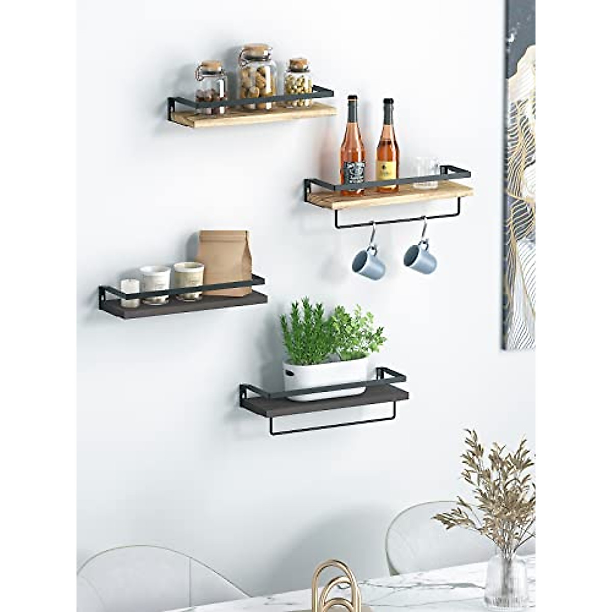 AMADA HOMEFURNISHING Rustic Floating Shelves Wall Mounted Bundled with White Floating Shelves with Gold Brackets