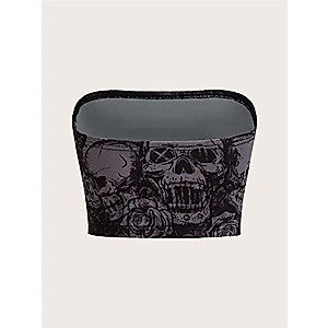 SOLY HUX Women's Skull Floral Print Tube Crop Top Sleeveless Strapless Bandeau Y2K Tops Multi Graphic L