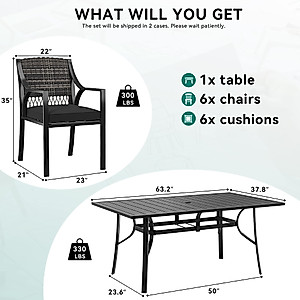 YITAHOME 7 Piece Patio Dining Set, Outdoor Patio Wicker Conversation Furniture Set with Umbrella Hole and All Iron Frame for Lawn Garden Backyard Deck, Soft Black Cushions (Black)