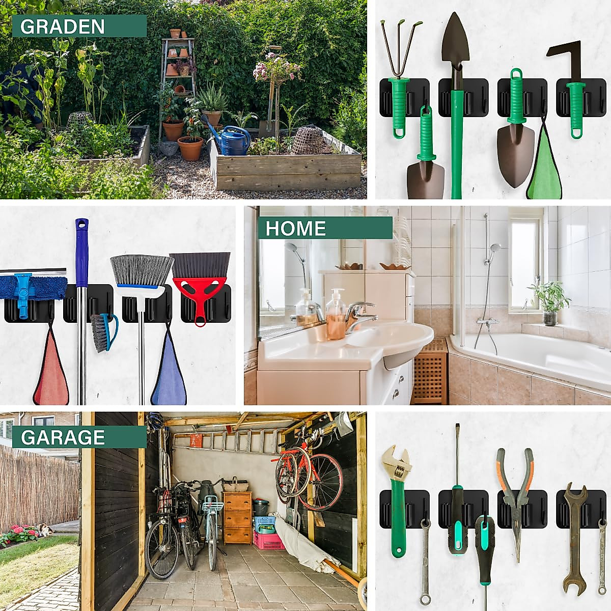 Mop Broom Holder Wall Mounted Heavy Duty No Drill, Adhesive Mop 304 Stainless Steel Mop Hanger Wall Mount Stick on w Hooks for Bathroom Kitchen Closet Garage Garden Organizer with 6 Hooks (Black)