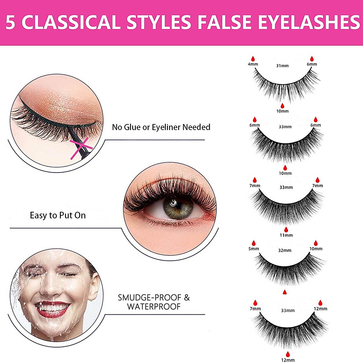 Reusable Self Adhesive Eyelashes, Reusable Adhesive Eyelashes, False Eyelashes Natural Look, Self Adhesive Eyelashes Reusable Self Sticking(5-Pairs)