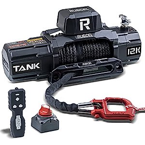 RUGCEL WINCH 12000lb New Waterproof Electric Synthetic Rope Winch 12V with Hawse Fairlead, 2 in 1 Wireless Remote,Black Rope，for Truck SUV