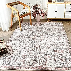 jinchan Area Rug 8x10 Vintage Rug Indoor Thin Rug Retro Accent Rug Distressed Carpet Red Multi Floral Print Country Boho Rug Non Slip Kitchen Bedroom Living Room Dining Room Office