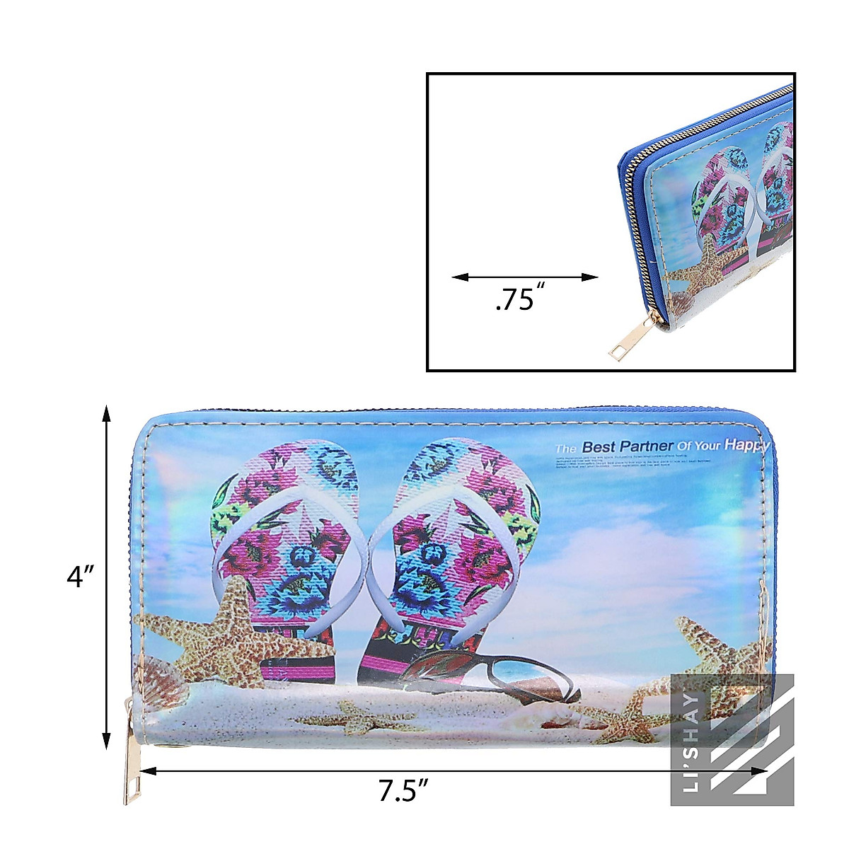 Li'Shay Glossy Zip Around Printed Wallet for Women (Flip Flop)
