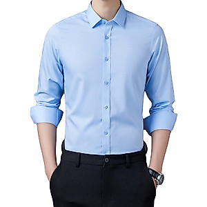 Mens Long Sleeve Button Down Shirts Solid Lightweight Slim Fit Shirts Classic Casual Stylish Business Dress Shirt (Light Blue,39)
