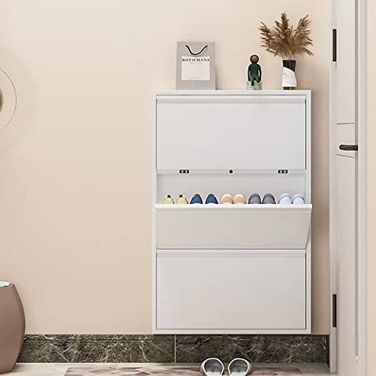 Aeumruch Wall Mounted Shoe Cabinet Flip Drawer Shoe Cabinet Narrow Shoe Cabinet White