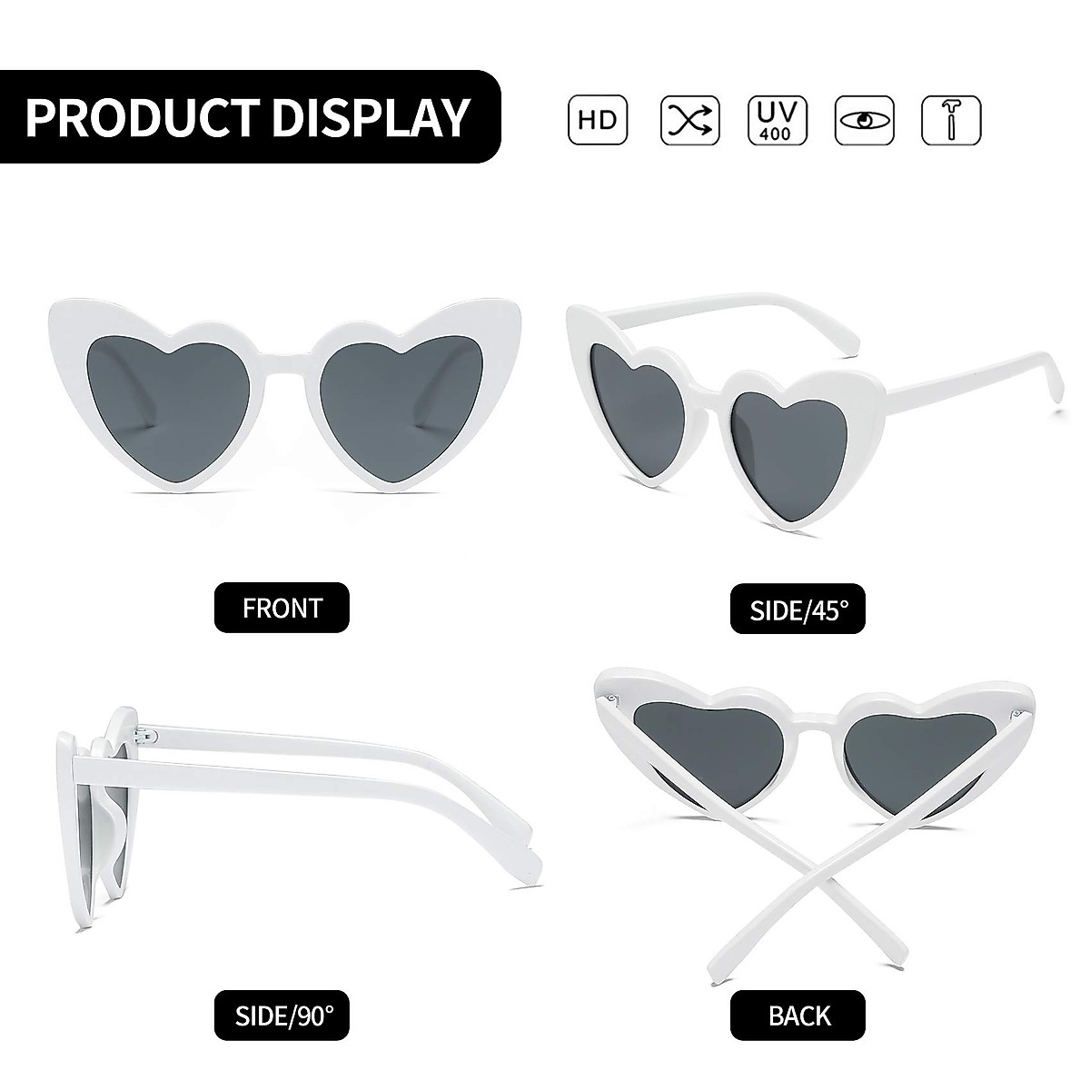 YOSHYA Clout Goggle Heart Sunglasses Vintage Cat Eye Mod Style Retro Kurt Cobain Glasses (White Grey)