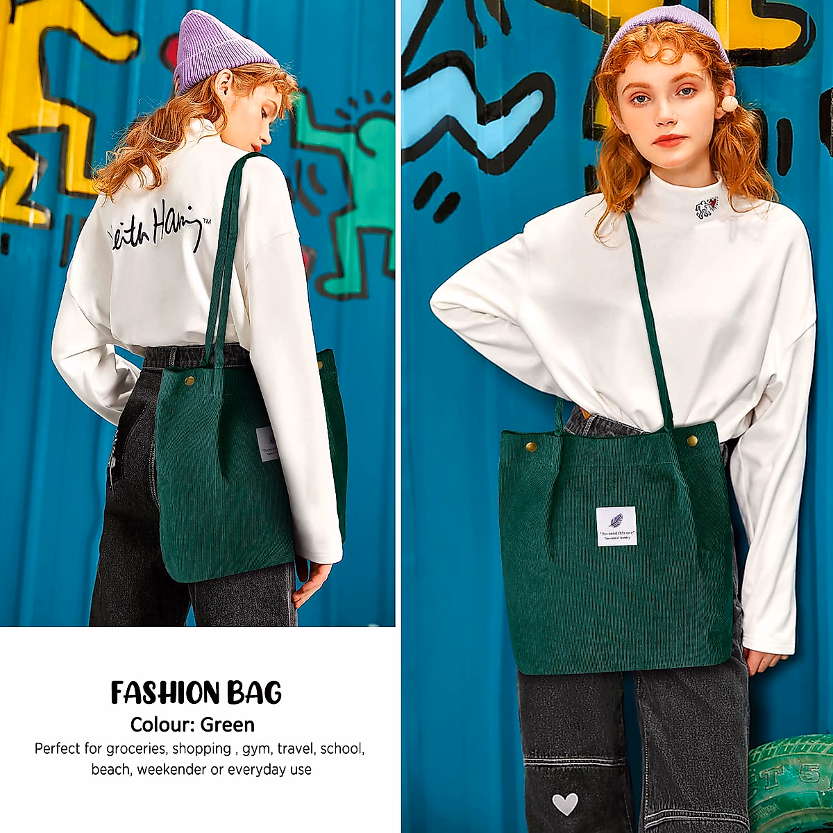 Ayieyill Corduroy Tote Bag for Women Canvas Shoulder Cord Purse with Inner Pocket（Green）