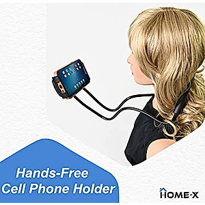Home-X Around Neck Hands-Free Universal Cellphone Holder, Portable Smartphone Stand for Neck, Great for Streaming, Selfies, Reading – Fits Devices 4.7” to 7.6”