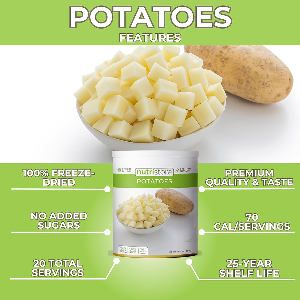 Nutristore Freeze Dried Potatoes | Premium Vegetables for Long Term Storage, Camping Meals or Recipes | Emergency Survival Canned Food Supply | Bulk #10 Can Veggies | 25 Year Shelf Life | 20 Servings