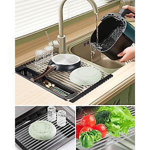 CLNGAI Roll Up Dish Drying Rack,Expandable Over The Sink Dish Drainer,Stainless Steel Kitchen Rolling Sink Rack with Utensil Holder,Length Up to 22.3" (Black)