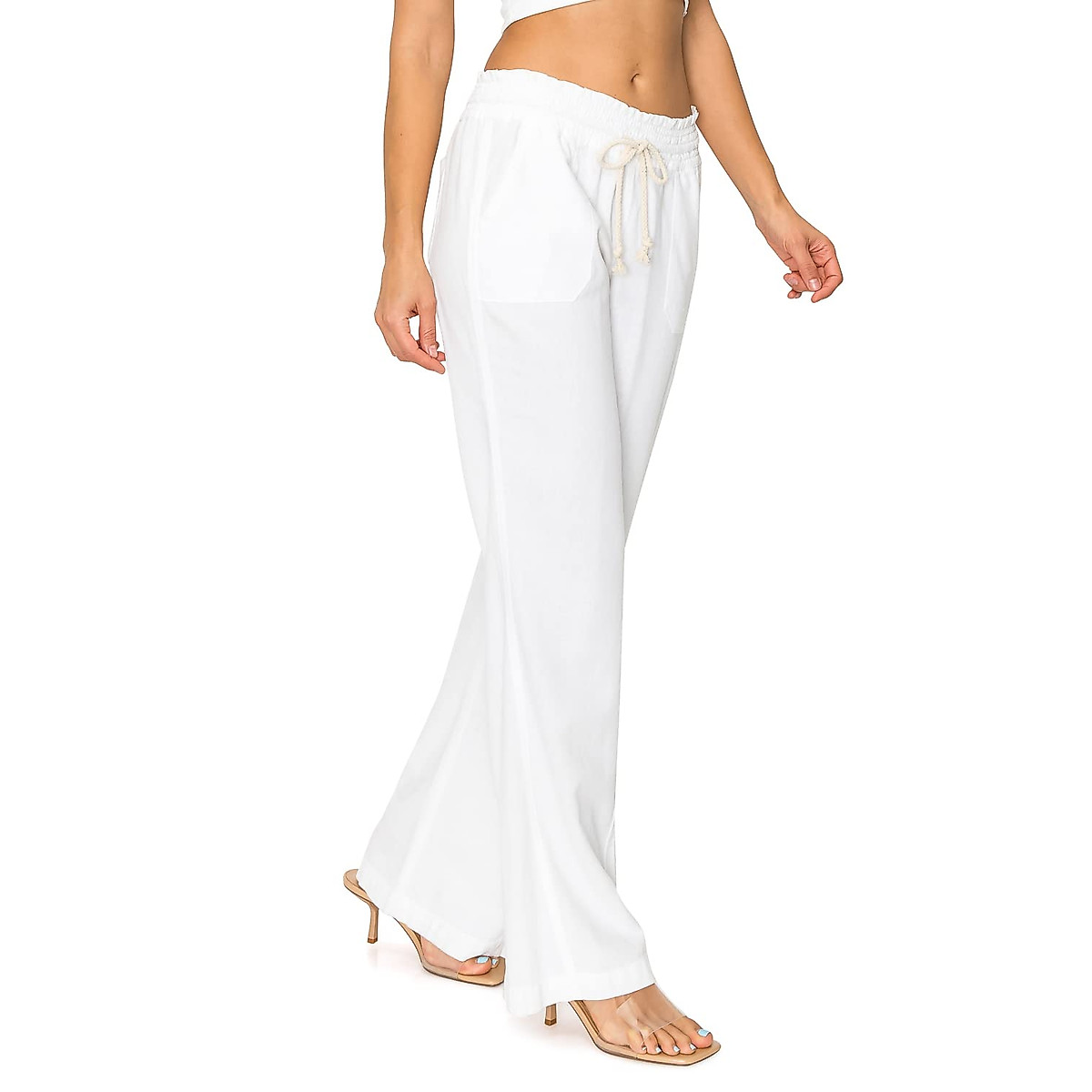 Cali1850 Women's Casual Linen Pants 32" Inseam Oceanside Drawstring Smocked Waist Lounge Beach Pants with Pockets White X-Large