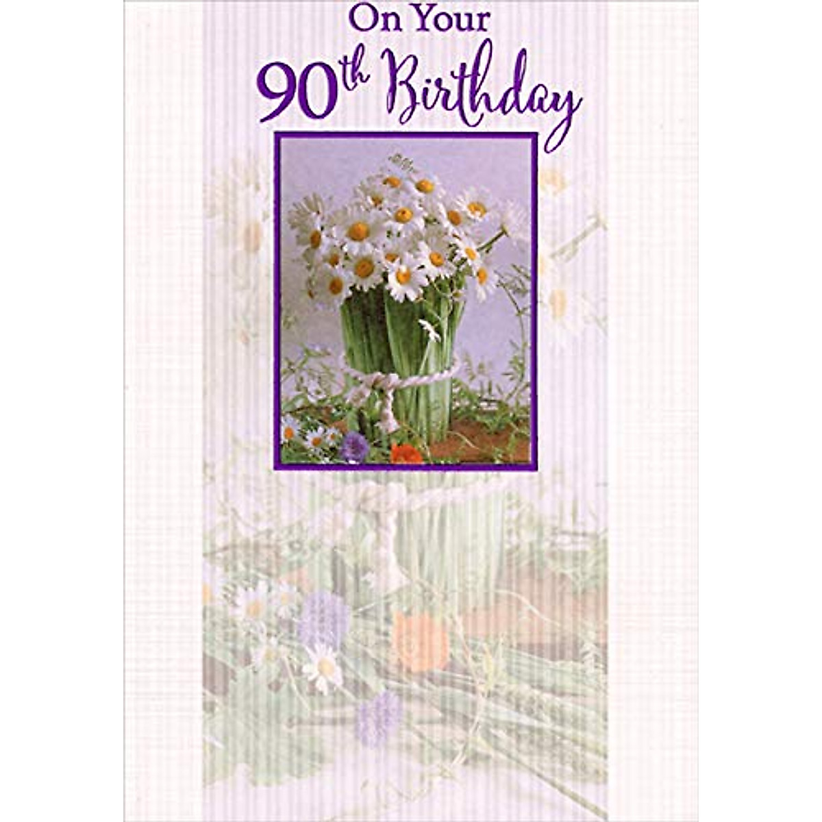 Designer Greetings Daisies in Purple Foil Frame Age 90 / 90th Birthday Card