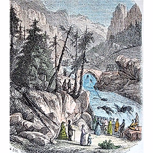 Antique Steel Engraving: Mountain and River Scene