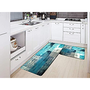 TOMWISH Rugs for Kitchen Floor, Abstract Area Rug Turquoise and Grey Abstract Art Painting 17"X48"+17"X24" Non-Slip Kitchen Rug Set for Kitchen Dining Room,Floor Home,Office,Sink,Laundry