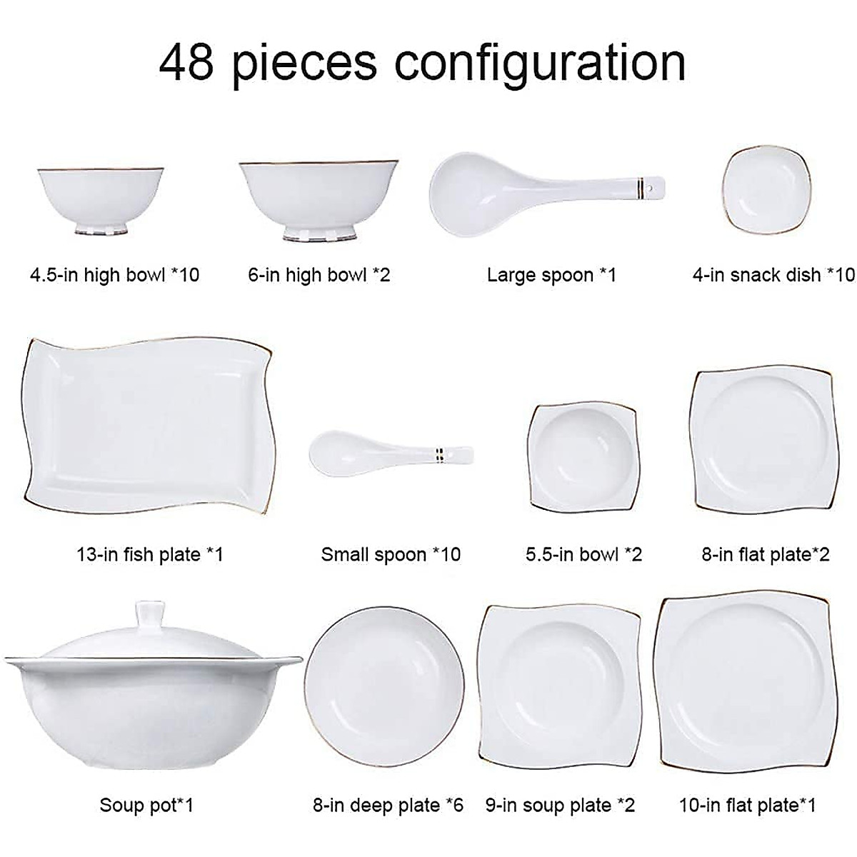 Porcelain Plate and Bowl Set,Dinnerware Set for Home or Special Restaurant, Ceramics Dinnerware Set with 48-Piece, Bowl/Dish/Soup Pot/Spoon|Bone China Dinner Sets, Gold Pattern Porcelain Combination