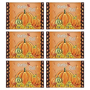 Thanksgiving Placemats Set of 6, Fall Pumpkin Sunflower Heat Resistant Dining Table Placemats, Autumn Leaf Macrame Square Washable Wipeable Linen Fabric Cloth Place Mats for Holiday Kitchen Decor