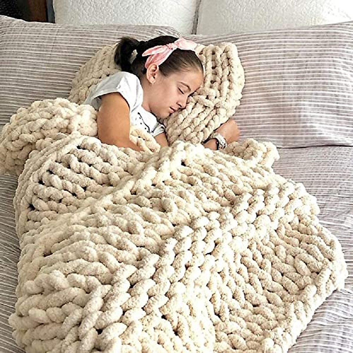 PRELGOSP Chunky Knit Blanket, Handmade Giant Knitted Blanket, Soft Thick Warm Knit Blanket Throw for Bed Chair Couch Sofa, Yoga Mat Rug Home Decor Gift, Machine Washable,Beige,40x60cm