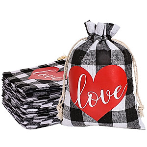 Whaline 25 Pack Valentine's Day Burlap Gift Bags Black White Buffalo Plaid Drawstring Bags Love Heart Prints Linen Pouches Sacks for Wedding Bridal Shower Party Favors Supplies, 5 x 7 Inch