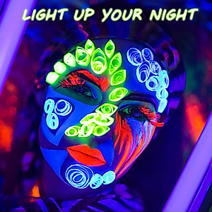 CCbeauty Pro Large 8 Neon Glow In The Black Lights Face Body Paint Makeup,Water Based Activated Eye Liner, Non-Toxic Washable for Kids Adults, Halloween Costume Masquerades Club Makeup