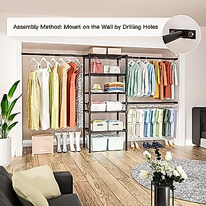 Ulif M2 Closet Organizer System, 5.9 Feet Height Mounted to the Wall Garment Rack with 4 Expandable Hanger Rods, 5 Shelves in 23.6" L x 14.5" W, Suit Total Space from 5.8-8.8 ft, Black