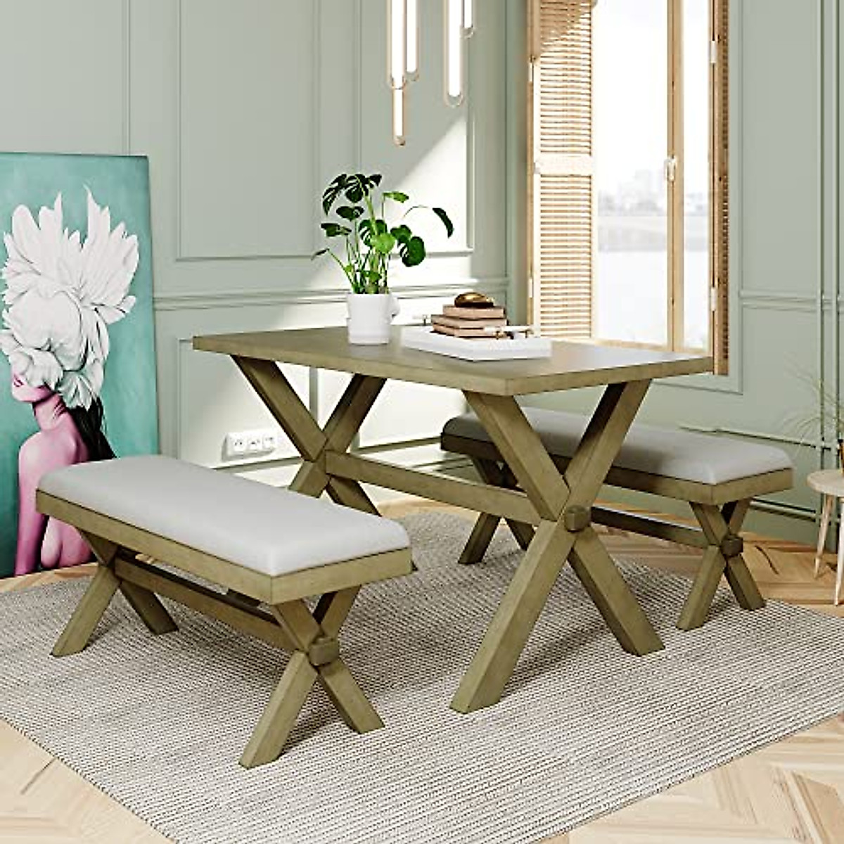 UBGO Chair for 4, 3 Piece Modern Leisure Set with 2 Upholstered Bench Rectangular Table for Kitchen, Dining Room, Restaurant, Apartment Small Space Furniture, Gray Green