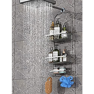 Elbourn Shower Caddy Over Shower Head, Bathroom Hanging Shower Organizer with Hooks, SUS201 Stainless Steel Shower Storage Rack 3 Shelves for Shampoo, Soap and Razor - Silver