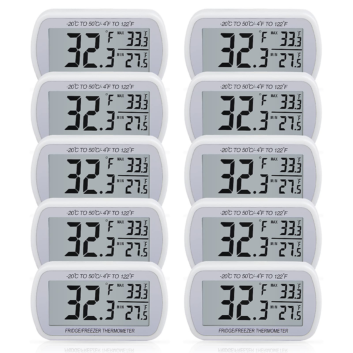 AEVETE 10 Pack Waterproof Digital Refrigerator Thermometer Large LCD, Freezer Room Thermometer with Magnetic Back, No Frills Easy to Read
