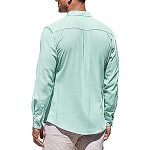 COOFANDY Long Sleeve Band Collar Linen Button Up Shirts for Men Casual Button Down Shirts Light Green