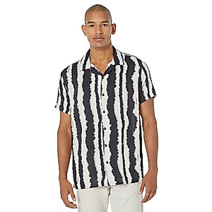 Karl Lagerfeld Paris Men's Tie Dye Stripe Short Sleeve Woven Shirt, White/Black, X-Large