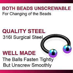 bodyjewellery 3pcs 16g Horseshoe Ring Lip Nose Septum Cartilage Hoop Tragus Forward Helix Black Anodized Steel Rainbow Balls - 8mm