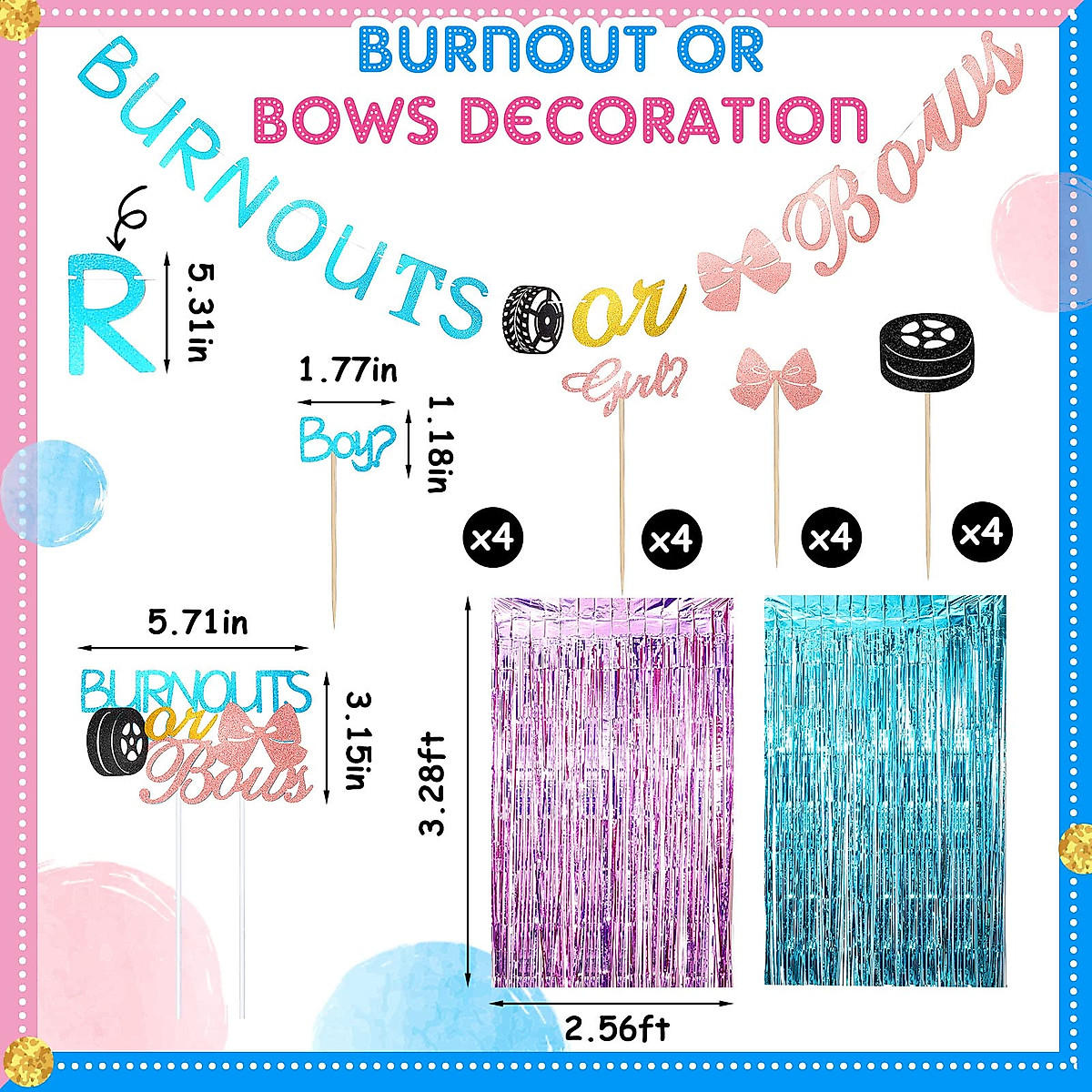 112 Pcs Burnouts or Bows Gender Reveal Decorations Set, Burnouts Bow Foil Balloons Arch Banner Gender Reveal Cake Topper Pink and Blue Balloons Foil Curtains for Gender Reveal Shower Party Supplies