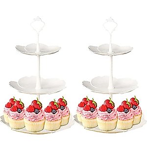 Cupcake Stand, 2 Pack Flower Shape Cupcake Tower, 3 Tier Serving Tray, White Plastic Cupcake Display Stand for Desserts, Pastry, Macorons, Muffins Party Supplies