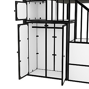 YOPTO Twin Castle-Shaped Wardrobe and Multiple, Metal Bunk Bed with Storage Staircase and Safety Guardrail for Kids Boys Girls Bedroom, 63" H x 92.9" L x 53.2" W, White+Black